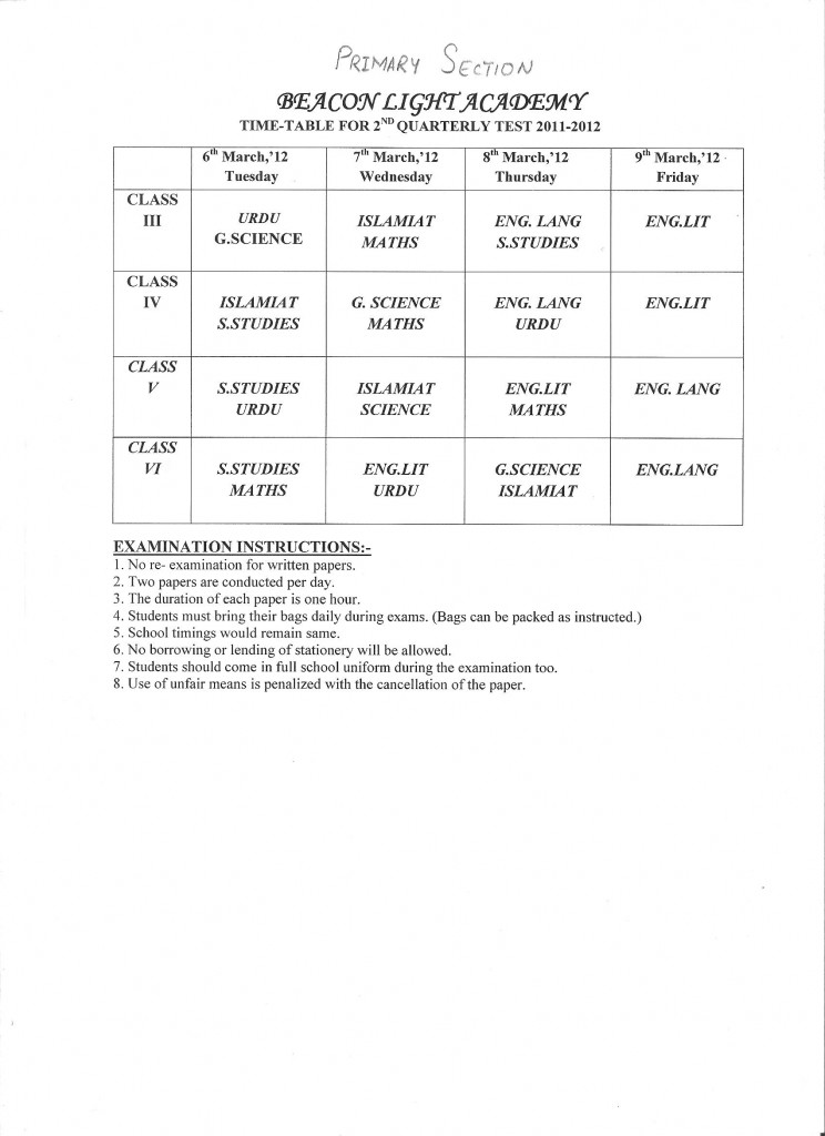TIME TABLE PRIMARY – Beacon Light Academy