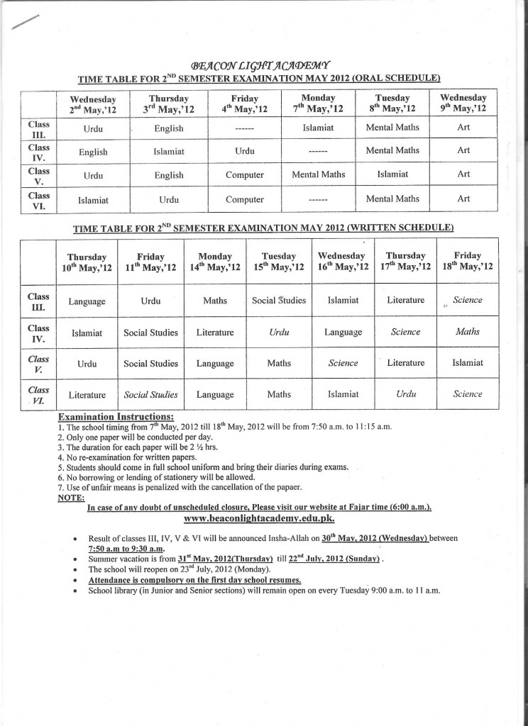 primary time table – Beacon Light Academy